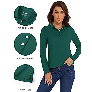 MAGCOMSEN Women's Swim Shirt Long Sleeve Polo Tees Shirts UPF 50+ UV Protection Athletic Shirts V-Neck Golf Polo Emerald Green,M