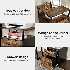 Fameill Rolling Filing Cabinet 2 Drawer File Cabinet Industrial Printer Stand for Home Office Small Under Desk Cabinet with Open Shelf,Storage Cabinet for A4, Letter Size, Rustic Brown