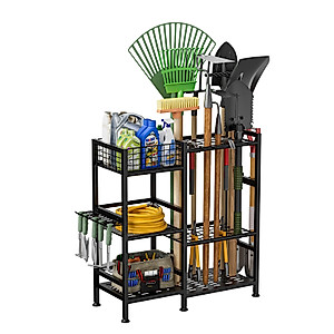 keomaisyto Garden Tool Organizer with Basket, 3 Tier Yard Tool Storage Rack for Garage Organization, Heavy Duty Garden Tool Holder with 35 Long-Handled Tool Slots for Shed, Yard, Garage