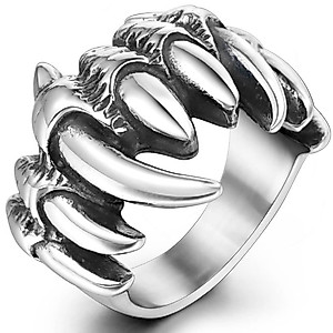 Jude Jewelers Stainless Stee Retro Vintage Gothic Death Wolf Teeth Skull Cocktail Party Biker Holiday Ring (Silver, 9)