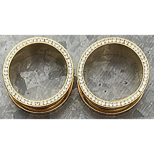 Lobal Domination PAIR of CZ Gem Rimmed Gold Ion Plated Tunnels Plugs Pierced Earlets Gauges (1" (25mm))