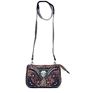 Western Feather Country Rhinestone Concho Laser Cut Wallet Cross Body Clutch Bag Purse (Brown) Small