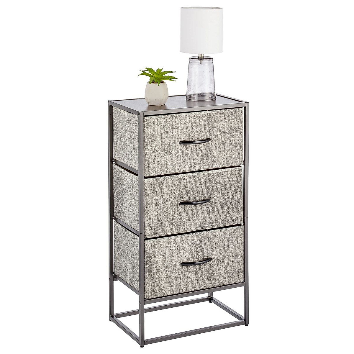 mDesign Modern 3-Drawer Dresser Storage Tower - Sturdy Steel Frame, Wood Top, Wood Handles/Fabric Bins - Organizer Unit for Bedroom, Hall, Entryway, Closets - Margot Collection - Black/Graphite Gray