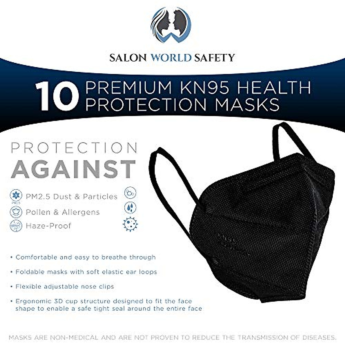 Salon World Safety Black KN95 Protective Masks, Pack of 10 - Filter Efficiency ≥95%, 5-Layers, Sanitary 5-Ply Non-Woven Fabric, Safe, Easy Breathing