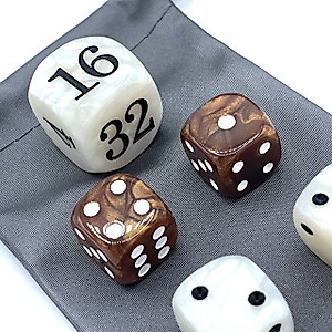 Luck Lab Backgammon Pearl Dice Set - 22 mm Doubling Cube Plus Four 16 mm Dice with Storage Bag, Brown/White Marbelized
