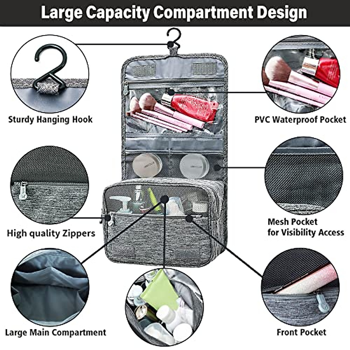 Hanging Toiletry Bag Large Capacity Men and Women Waterproof Travel Cosmetic Bag Bathroom Storage Bag (Grey)