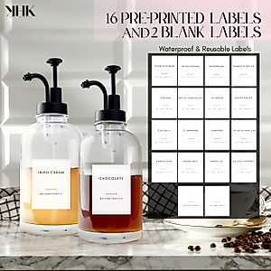 KHK Home Products | Coffee Syrup Dispensers for Coffee Bar | Waterproof Labels | Two Stainless Steel Coffee Spoons for Coffee Bar Accessories | Glass Syrup Bottle w/Pumps | Set of 2 | Black