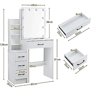 Caulitar Modern Vanity Desk with Mirror and Lights, White Vanity Desk with Stool and 4 Storage Drawers, Bedroom Makeup Vanity for Women Girls