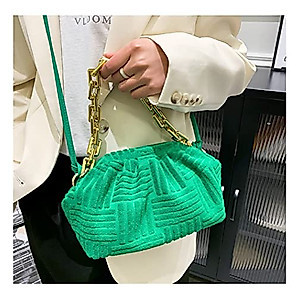 Soft Cotton Shoulder Bag for Women Metal Chain Clutch Hobo Evening Handbags Cross Body Color Green
