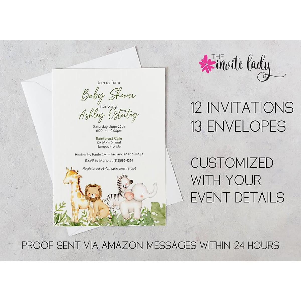 Jungle Animals Baby Shower Invitation Unisex Safari Invites Giraffe Lion Born to Be Wild Elephant Zebra Printed Customized Cards (12 Count)