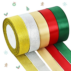 TONIFUL 5 colors Christmas Ribbon, 1 Inch x 125 yds Satin Ribbon Rolls, Red Green Gold Silver-Glitter Gold-Glitter Christmas Colors Set, For Gifts Wrapping Ornaments Hanging Christmas Tree Decorations