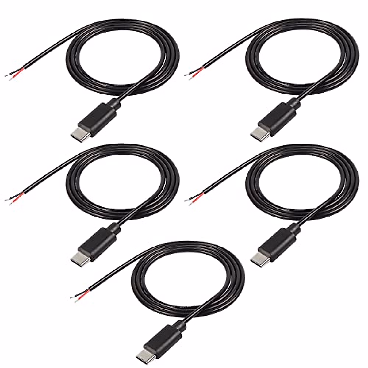 USB Type-C Pigtail Cable Extension Power Cable 22AWG 5V 3A USB-C Plug to 2 Pin Bare Wire Open End Connector for DIY - 1M/3.2FT 5PCS (Type C Male)