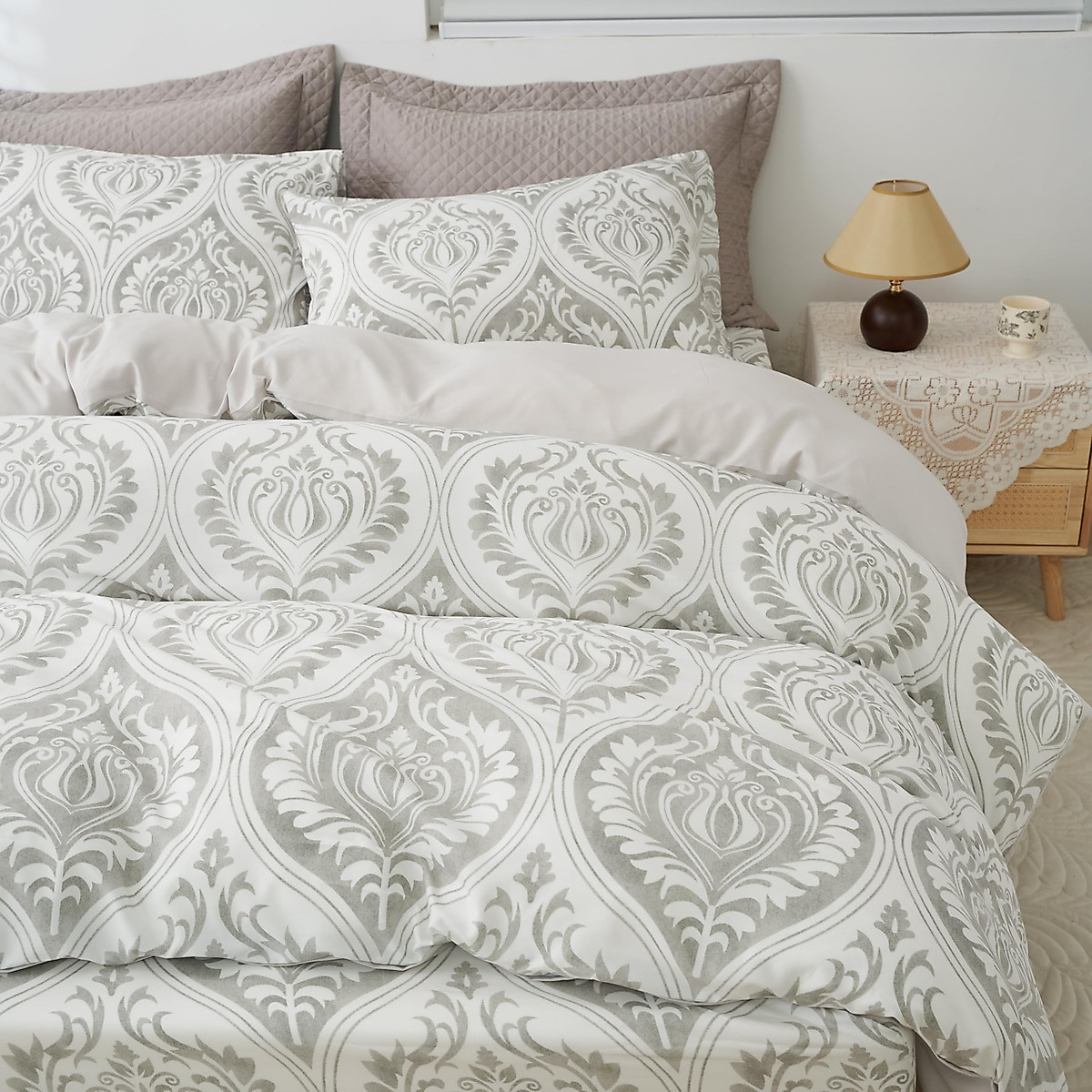 Tache Gray White Ogee Damask Moon Sky Speckled Heather Grey Modern Victorian Shabby Chic Reversible Duvet Cover Queen