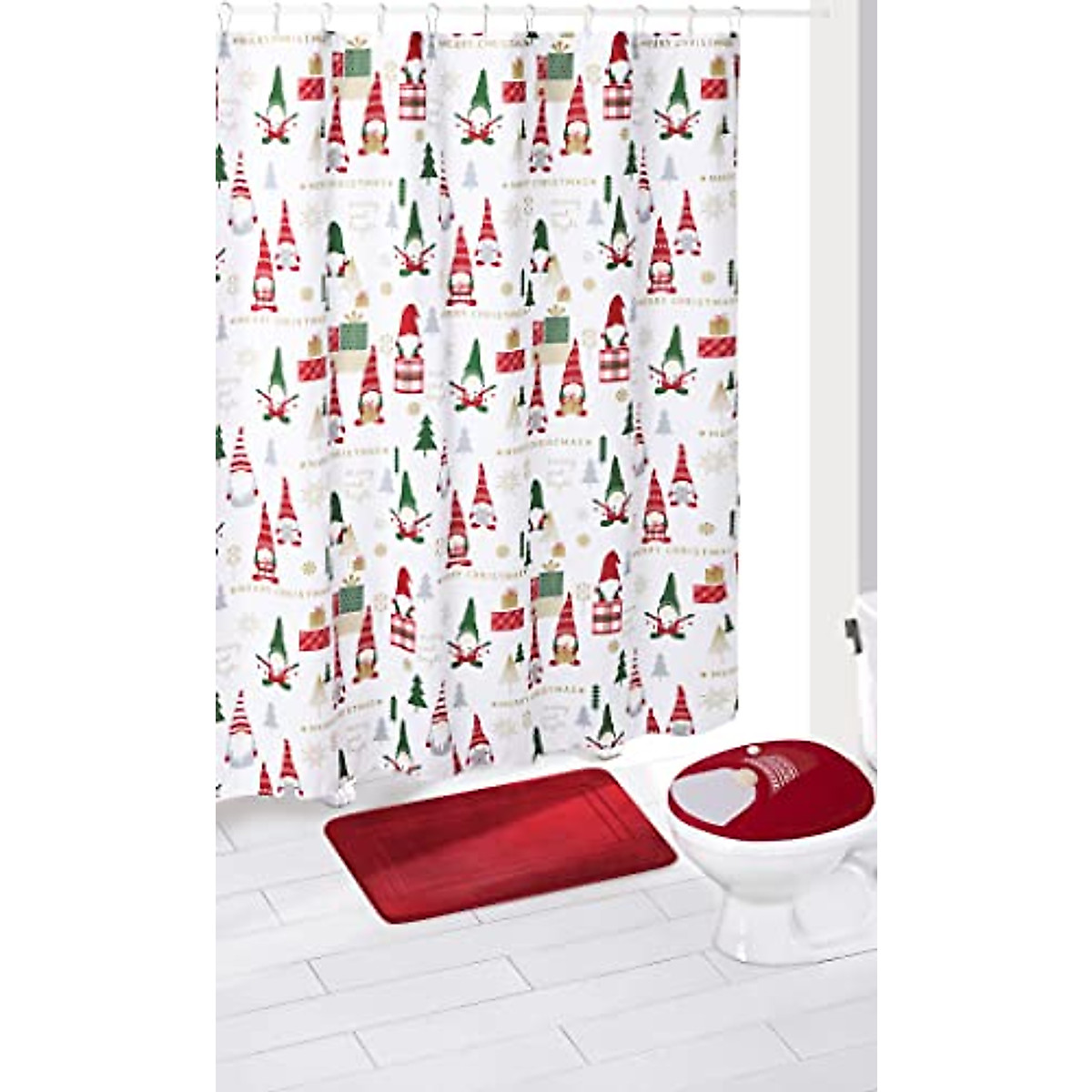 Indecor Home 15-Piece Christmas Holiday Bathroom Decoration Accessory Set | Bath Rug/Mat | Toilet Lid Topper | Shower Curtain | 12 Hooks | 5 Styles to Choose from (Gnome)