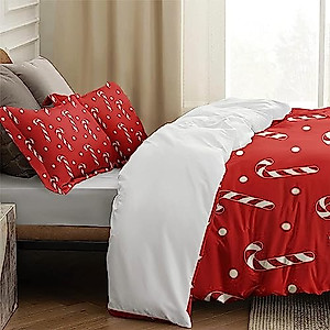 Duvet Cover Twin Size, Christmas Red Cream Polka Bedding Set with Zipper Closure for Kids and Adults, Dot Xmas Candy Comforter Cover with Pillow Sham for Bedroom Bed Decor