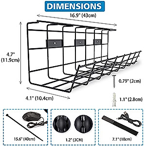 oosofitt Under Desk Cable Management Tray 2 Pack, Cable Management for Wire/Cord/Power Strip, Metal Cable Management Basket with 15lb Bearing, Cord Management Organizer Kit for Home/Office