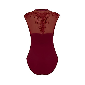 Dance Elite - Allure - Embroidered Floral Back Panel Leotard for Women Dance (Wine Cap Sleeves, Adult M)