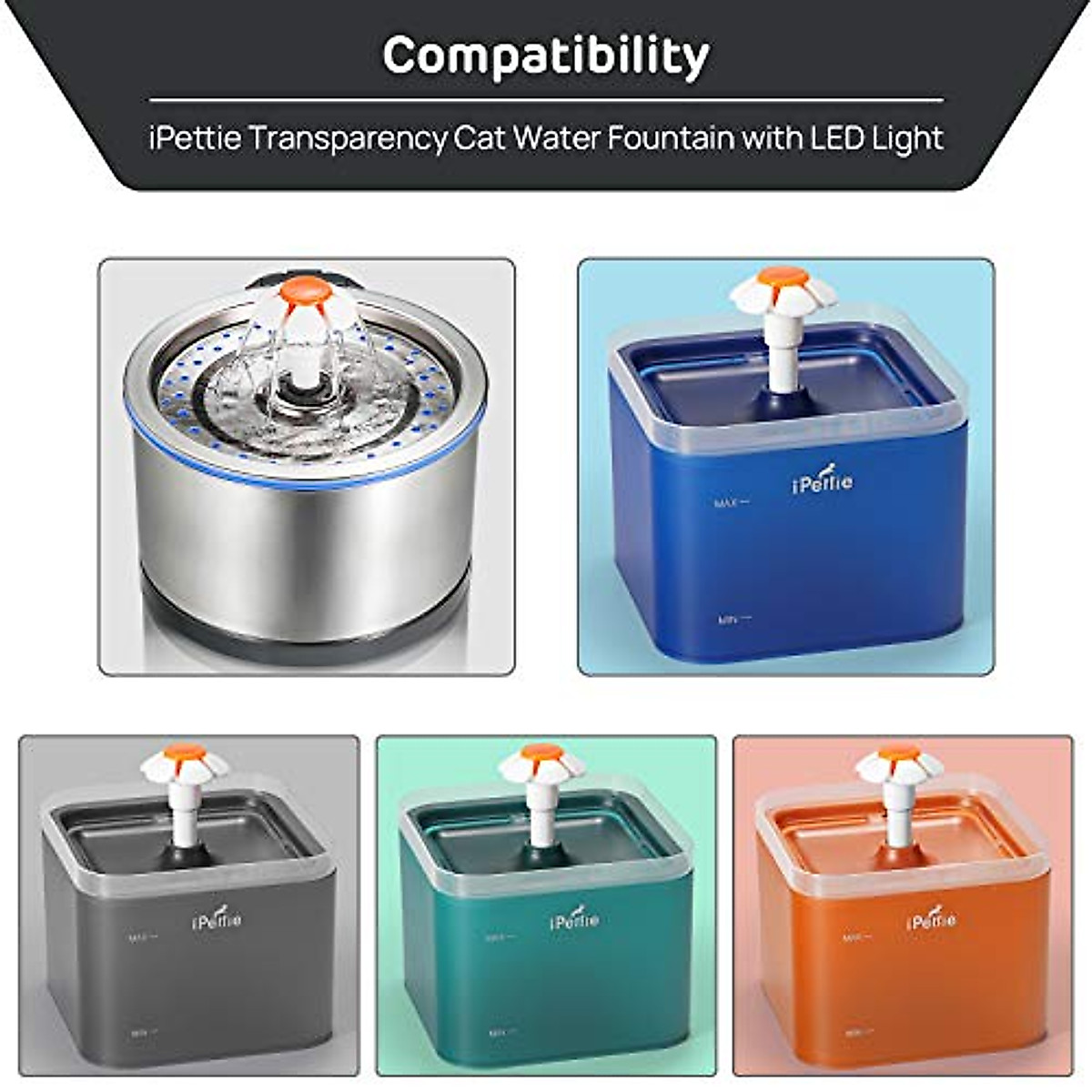 iPettie Water Fountain Carbon Filters for Stainless Steel Cat Drinking Fountain and Neverland Cat Water Fountain with LED Light, IP-670-F4, 4 Packs