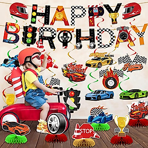 Race Car Party Decorations Race Car Happy Birthday Banner Race Car Hanging Swirls Car Themed Honeycomb Centerpieces for Race Car Birthday Baby Shower Party Supplies