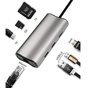 ZPLJ High-Speed USB 3.0 Hub 7 in 1 High-Speed USB Splitter with Ethernet Port 4K HDMI 2 USB 3.0 and PD Charging Support SD TF Card Reader Compatible for Flash Drive Laptops USB Hub Adapter Portable