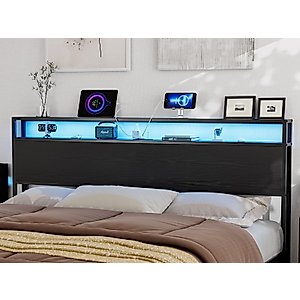 IKIFLY King Size Storage Headboard with LED Lights & Charging Station - Industrial Metal and Wood King Headboard Only for Bedroom, Attach Frame, Easy Assembly - Black
