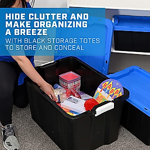 27 Gallon Heavy Duty Latching Plastic Storage Bin Container, Durable Stackable Storage Container With Lid Plastic Storage Box Tote Crate for Garage Storage, Moving Boxes, Black, Set of 4