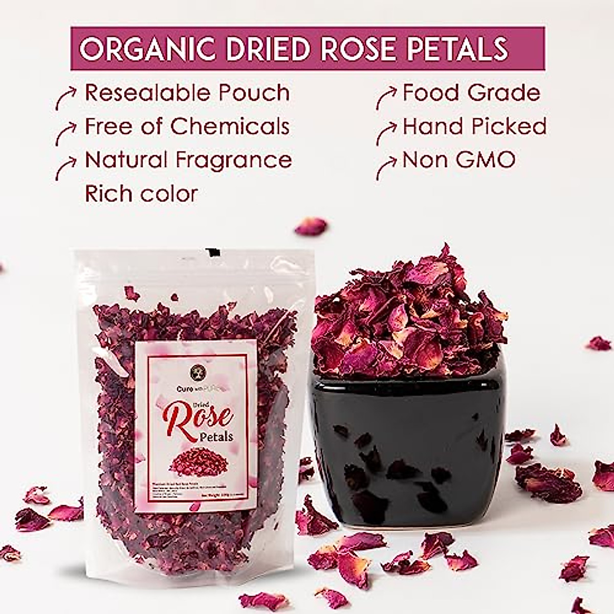 Cure With Pure Dried Rose Petals Edible No Preservatives,4 Ounces In Resealable Pouch Premium Natural Dried Roses For Tea, Baking, Desserts, Bread, Cakes, Bath, Making Rosewater (Pack Of 1)