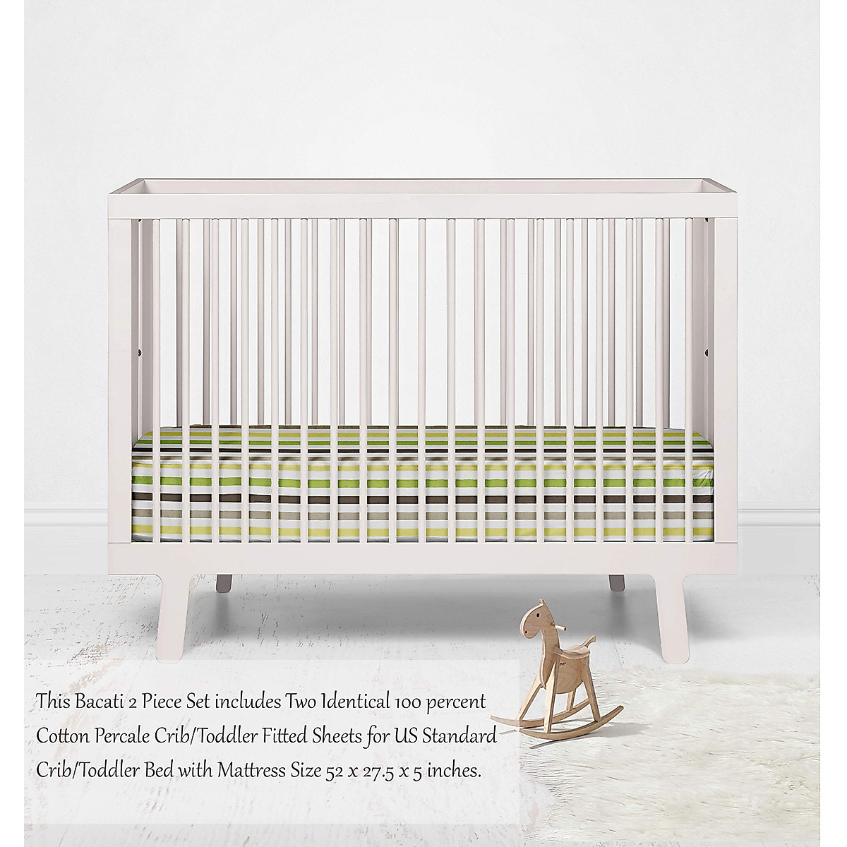 Bacati Crib Fitted Sheets, Mod Stripes Green/Yellow/Chocolate (Pack of 2)