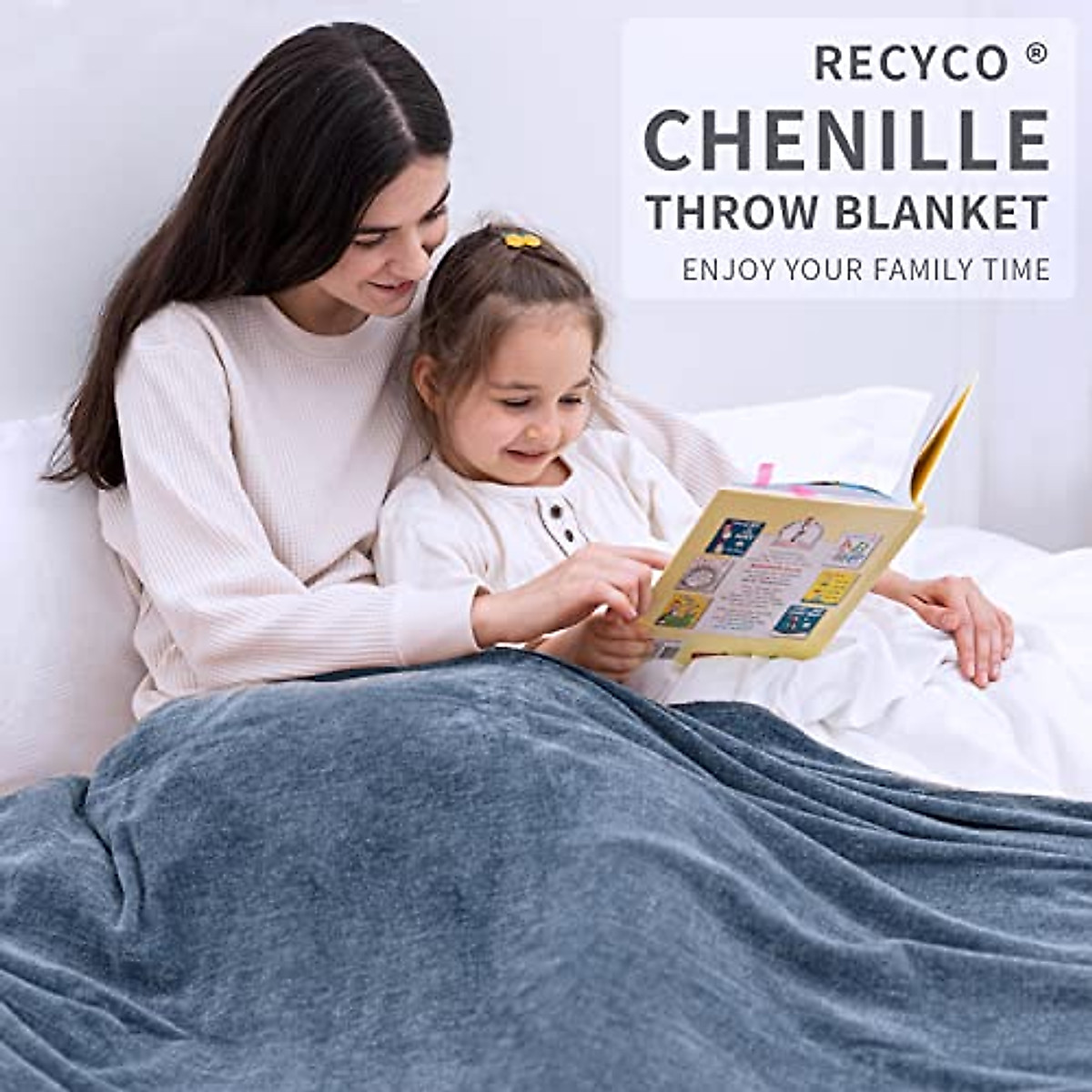 RECYCO Throw Blanket Soft Cozy Chenille Throw Blanket with Fringe Tassel for Couch Sofa Chair Bed Living Room Gift (Dusty Blue, 50'' x 60'')