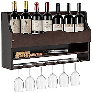 Wall Mounted Wine Rack Bamboo, DHMAKER Wine Bottles Holder with Hanging Stemware Glasses Set and Wine Cork Storage, Home Kitchen Decor, Espresso