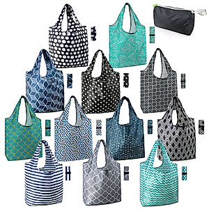 BeeGreen Reusable Grocery Bags Lightweight Durable Shopping Bags Washable Foldable 12 Pack Xlarge Classic Geometric Design Gift Tote Grocery Bags with Elastic Band and Separated Zipper Storage Pouch