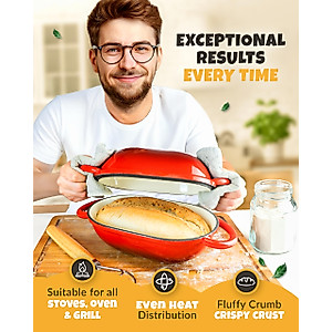 CRUSTLOVE Loaf Pan for Bread Baking - incl. Sourdough Bread Baking Supplies like Banneton Bread Proofing Basket - 2QT Enameled Oval Cast Iron Dutch Oven Bread Oven Bread Banking Scoring Tool Lame
