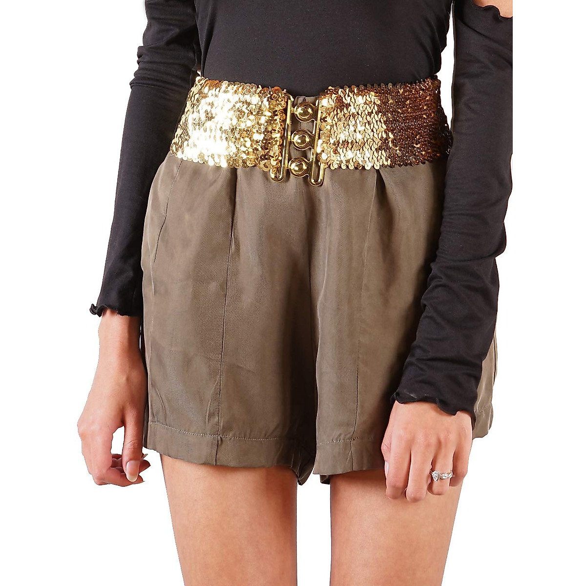 Anna-Kaci Women's Sparkly Glitter Sequin Wide Stretch Elastic Belt Accessory,Gold,One Size