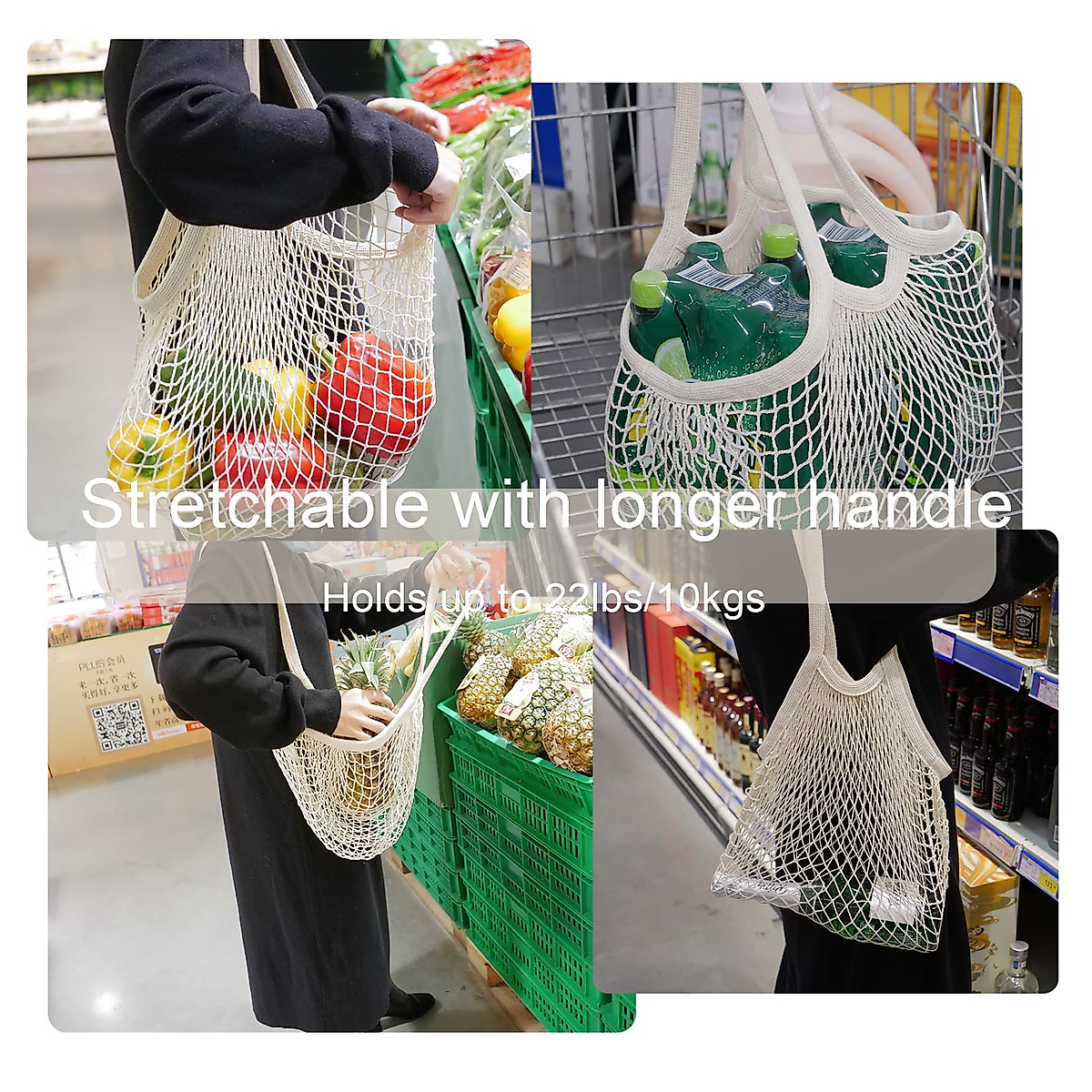 meetall Mesh Grocery Bags, Reusable Tote Bags with Sturdy Handle, Washable, Eco Friendly, Cotton String Net, for Shopping and Storage Fruit Vegetable (5 Pack, One Size, Off White/Pink/Blue/Red/Black)