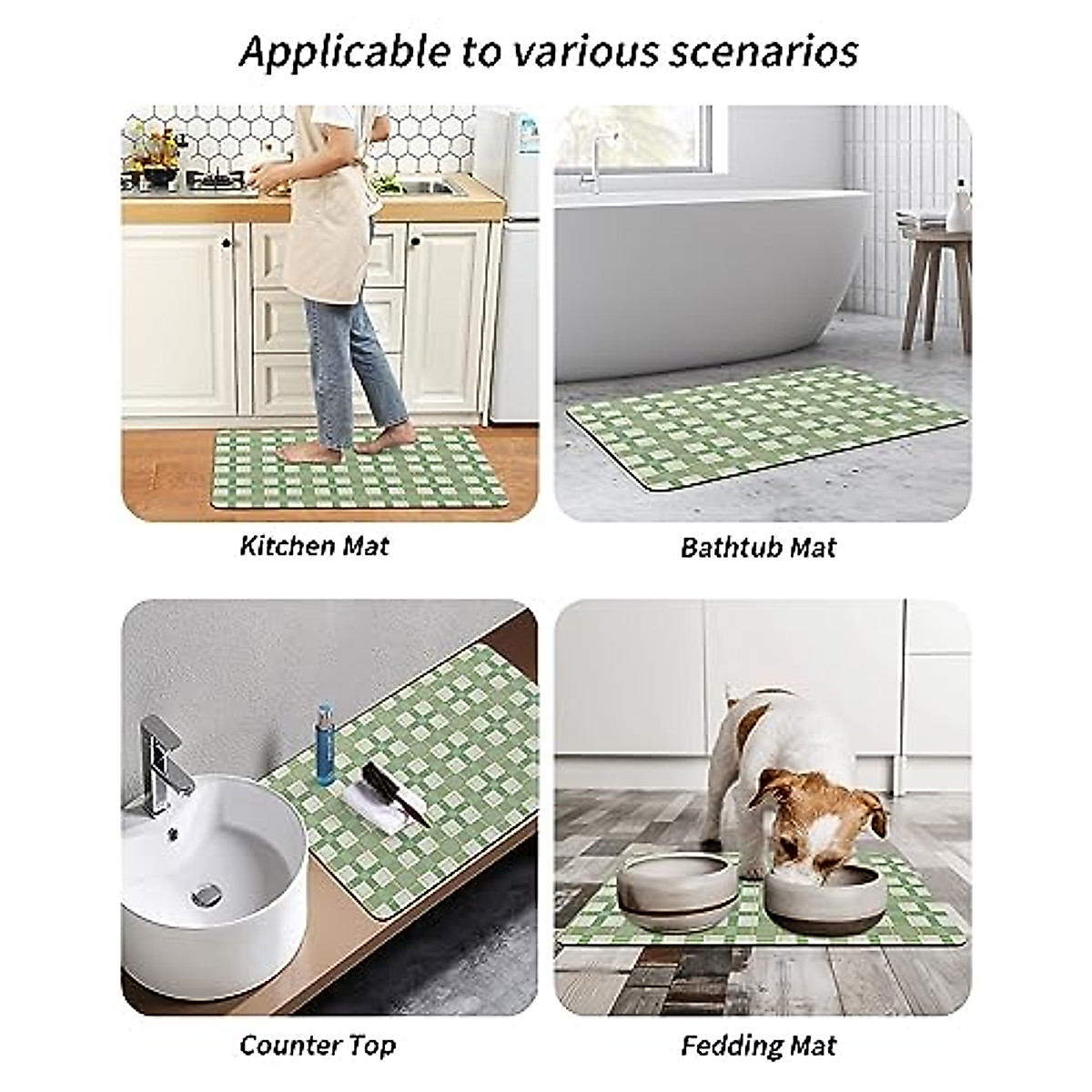 Ombre Green Plaid Bath Mat for Tub,Non Slip Bathroom Floor Runner Rug Quick Dry & Absorbent Diatomaceous Earth Kitchen Room Shower Sink Washable Doormat,Minimalistic Geometric Farmhouse Grid 18"x30"