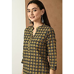 Lagi Women Straight Mandarin Collar 3/4 Sleeves Printed Short Cotton Kurti, Black & Mustard (XS)