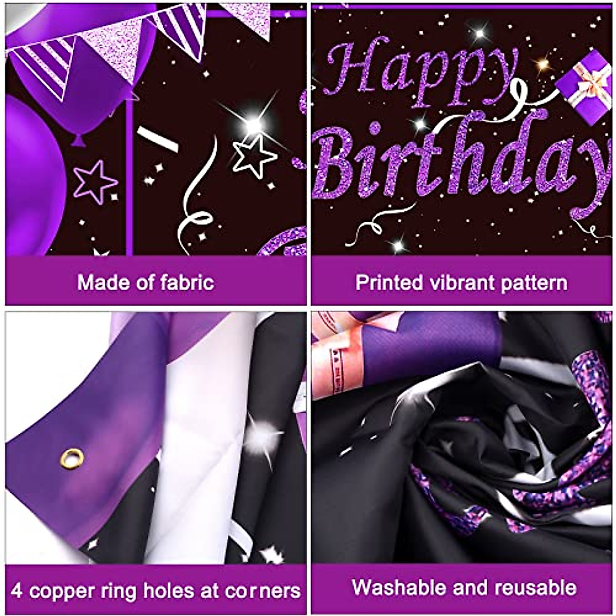 Black Purple Birthday Decorations, Happy Birthday Backdrop for Women Girls Men 13th 16th 18th 21st 30th 40th 50th 60th Birthday Party Decorations Purple, Black Silver and Purple Balloon Arch Kit