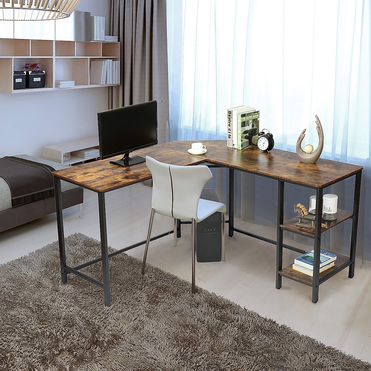 Home Office Computer Desk,Office Table with PC Droller, Storage Shelves,Two Drawers, CPU Tray and Pull-Out Keyboard Tray,Study Writing Desk,Computer Workstation (L Shaped Corner Computer Desk)