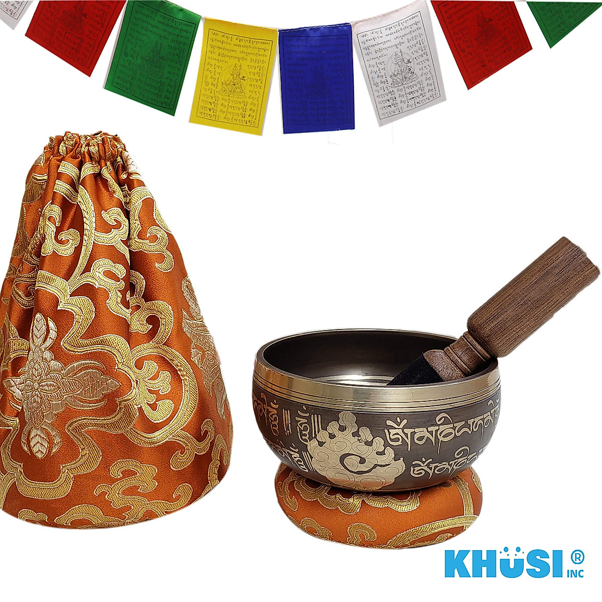 Khusi 4.5 Inch Tibetan Singing Bowl Set, Handmade, Decorative Chakra Bowl for Mindfulness, Wisdom Eye Mantra Engraved, Comes w/Silk Cushion, Leather Mallet and Carry Pouch