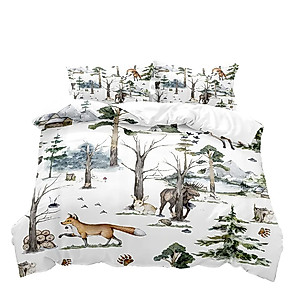 VIVIHOME 2PCS Woodland Animals Duvet Cover Set, Twin Bedding Sets, White Duvet Cover, Wildlife Rabbit Fox Deer Elk Moose Bear Camping Hunting Lodge Cabin Country Rustic Farmhouse Bedding, 1 Pillowcase