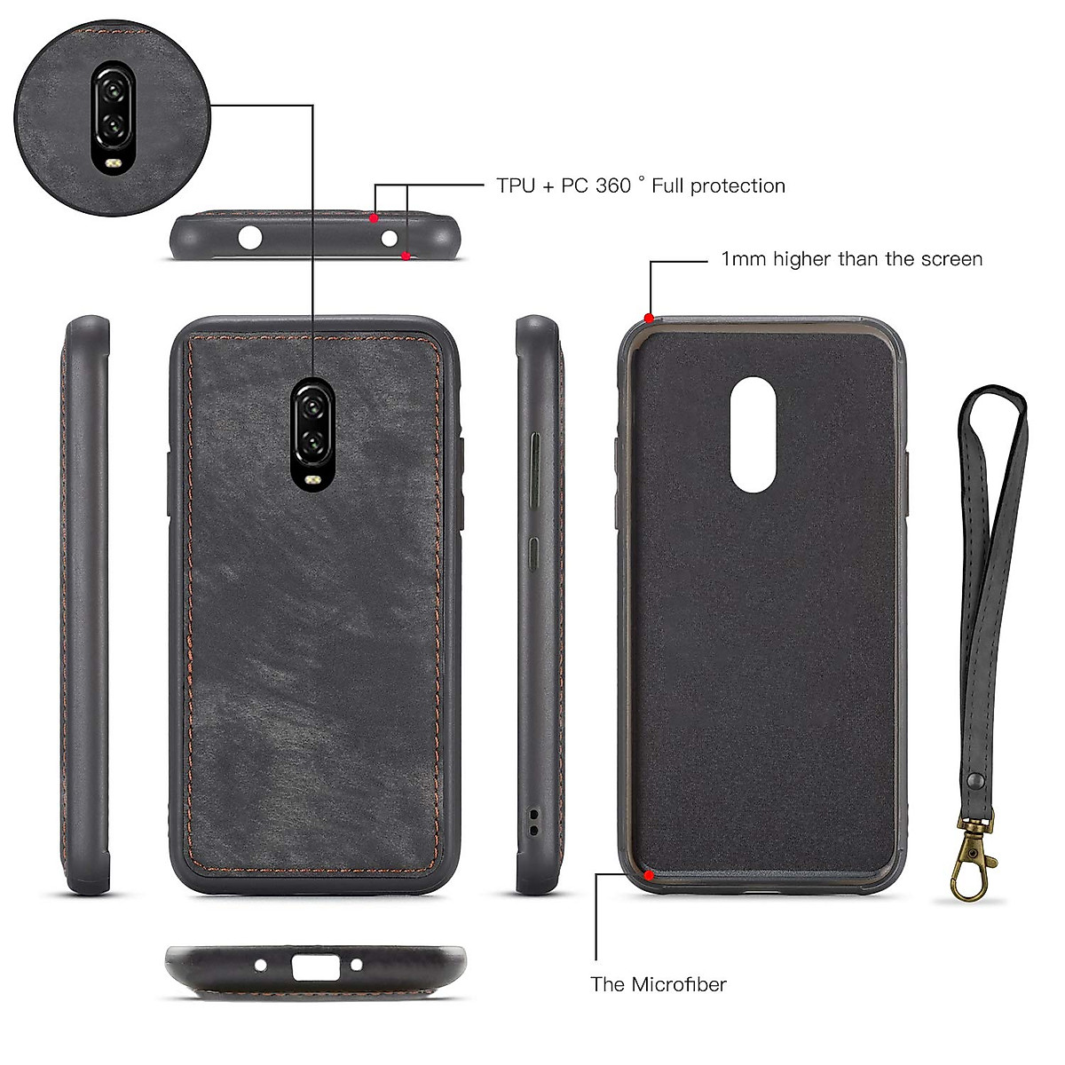 Simicoo OnePlus 7 Pro Leather Wallet Zipper Purse Detachable Card Slots Holder Flip Case Magnetic Wrist Strap Handle Shockproof Cover Pocket Wallet Handbag for OnePlus 7 Pro 1+7 Pro (Black)