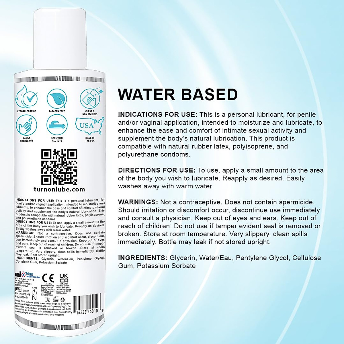 Turn On Water-Based Premium Personal Lubricant | Long Lasting, Ph Balanced, Hypoallergenic, Condom Safe Lube for Men, Women, and Couples, 12 fl oz