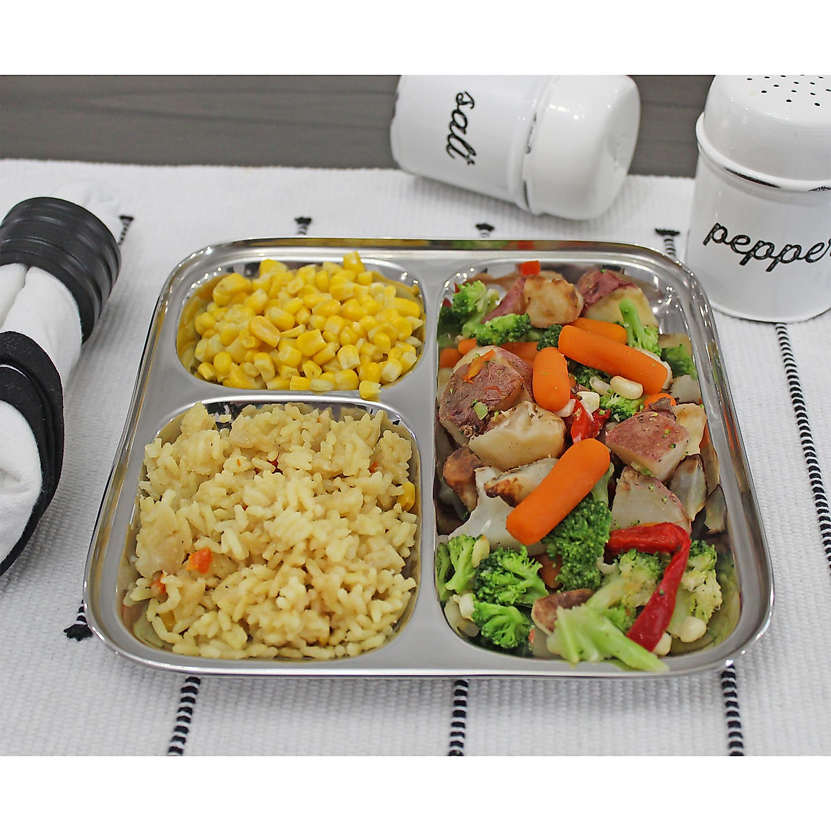 Darware Stainless Steel Divided Plates/Compartment Trays (4-Pack); 9.8 x 8.1 Inches Oblong 3-Section Mini Trays, Great Size for Kids, Portion Control, Camping