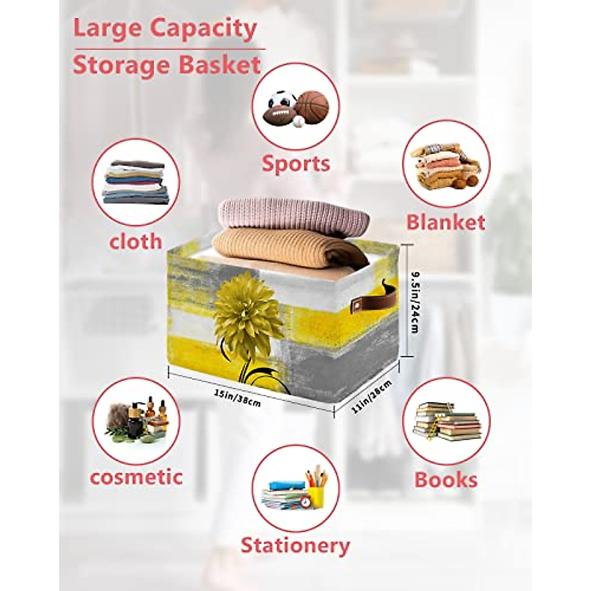 Yellow Dahlia Watercolor Plant Lines Cube Storage Organizer Bins with Handles,15x11x9.5 Inch Collapsible Canvas Cloth Fabric Basket,Abstract Modern Grey Yellow Oil Painting Art Books Toys Boxes