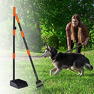Niubya Pooper Scooper for Dogs, Metal Poop Scooper Tray and Rake Set with Adjustable Long Handle, Dog Pooper Scooper for Pet Waste Removal