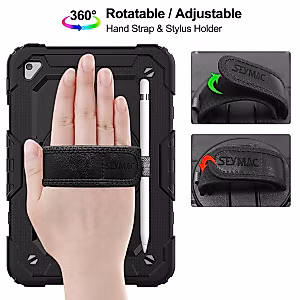 SEYMAC stock Case for iPad Mini 5/4 with Screen Protector Pencil Holder [360 Rotating Hand Strap] & Stand, Drop-Proof Case for iPad Mini 5th/4th Generation 7.9 inch (Black)