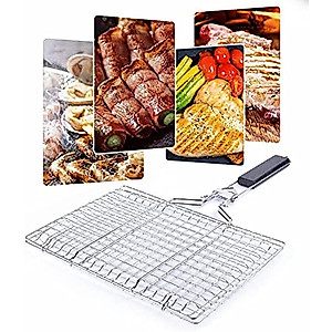 Fish Grill Basket,Olighan Foldable Grilling Basket with Removable Handle,Stainless Steel Large Folding BBQ Rack,Portable Camping Grilling baskets for Vegetables,Steak,Fish,Shrimpand at Home or Outdoor