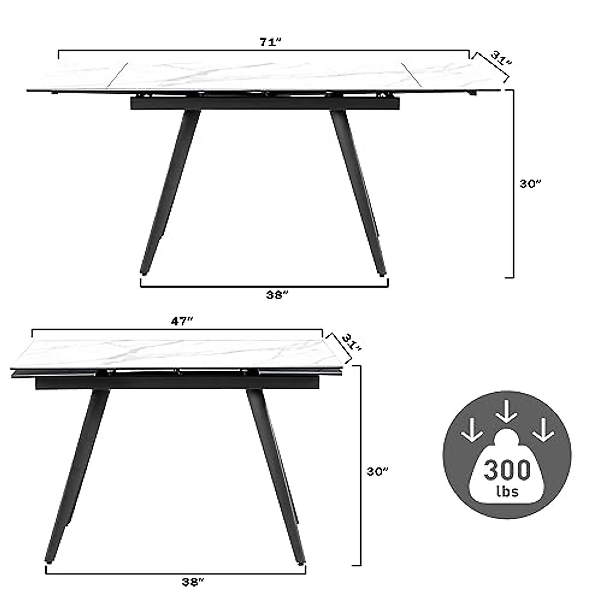 SIMTONAL Extendable Dining Tables, 71" Rectangular Kitchen Table with Sintered Stone Tabletop（Only Table）, White