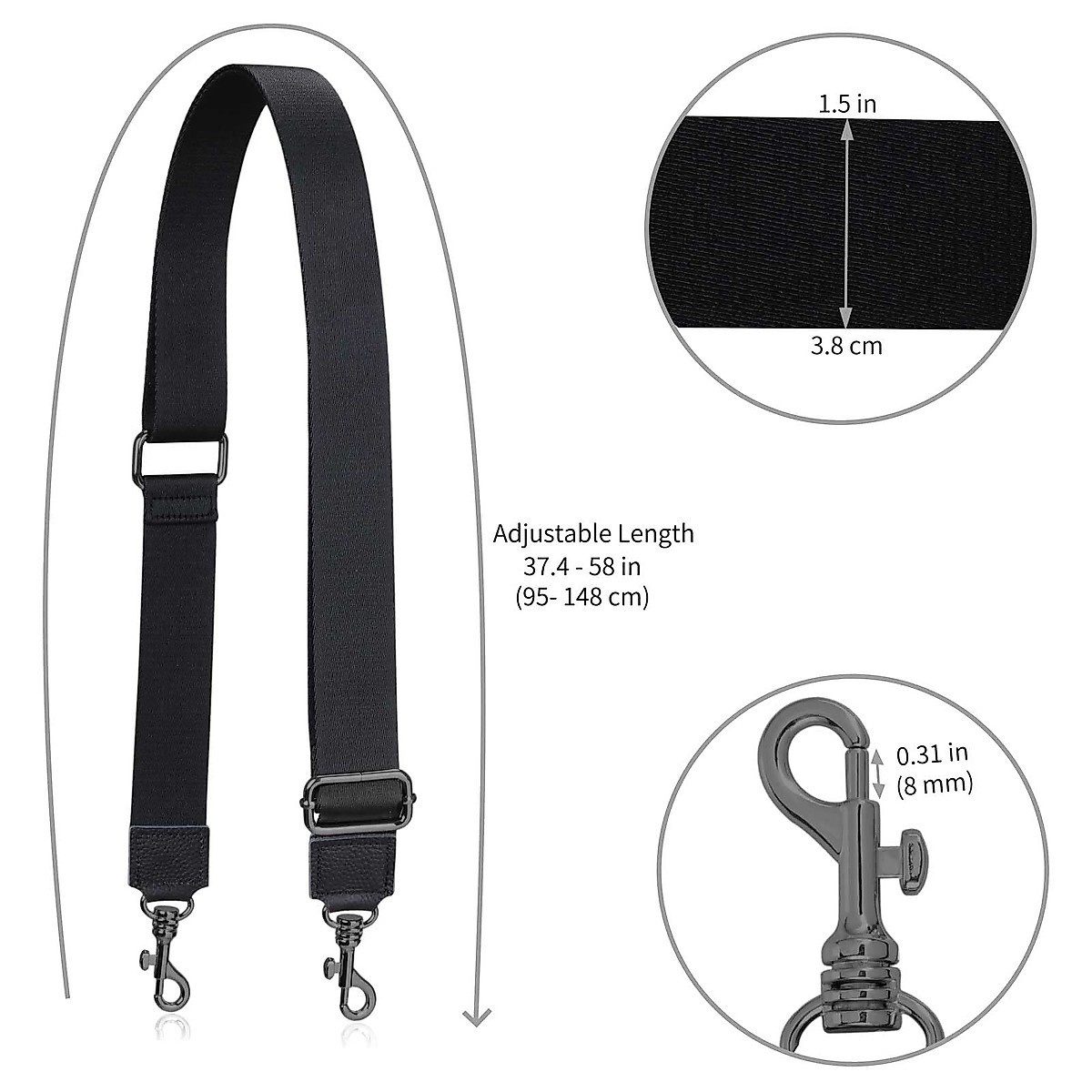 Allzedream Thick Purse Strap Wide Adjustable Replacement Crossbody Bag Handbag (Black-GBH-Leather tip)