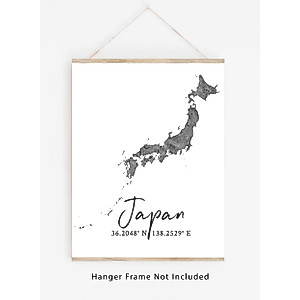 Japan Map Wall Art Print - 8x10 Silhouette Decor Print with Coordinates. Makes a Great Japanese-Themed Gift. Shades of Grey, Black & White.
